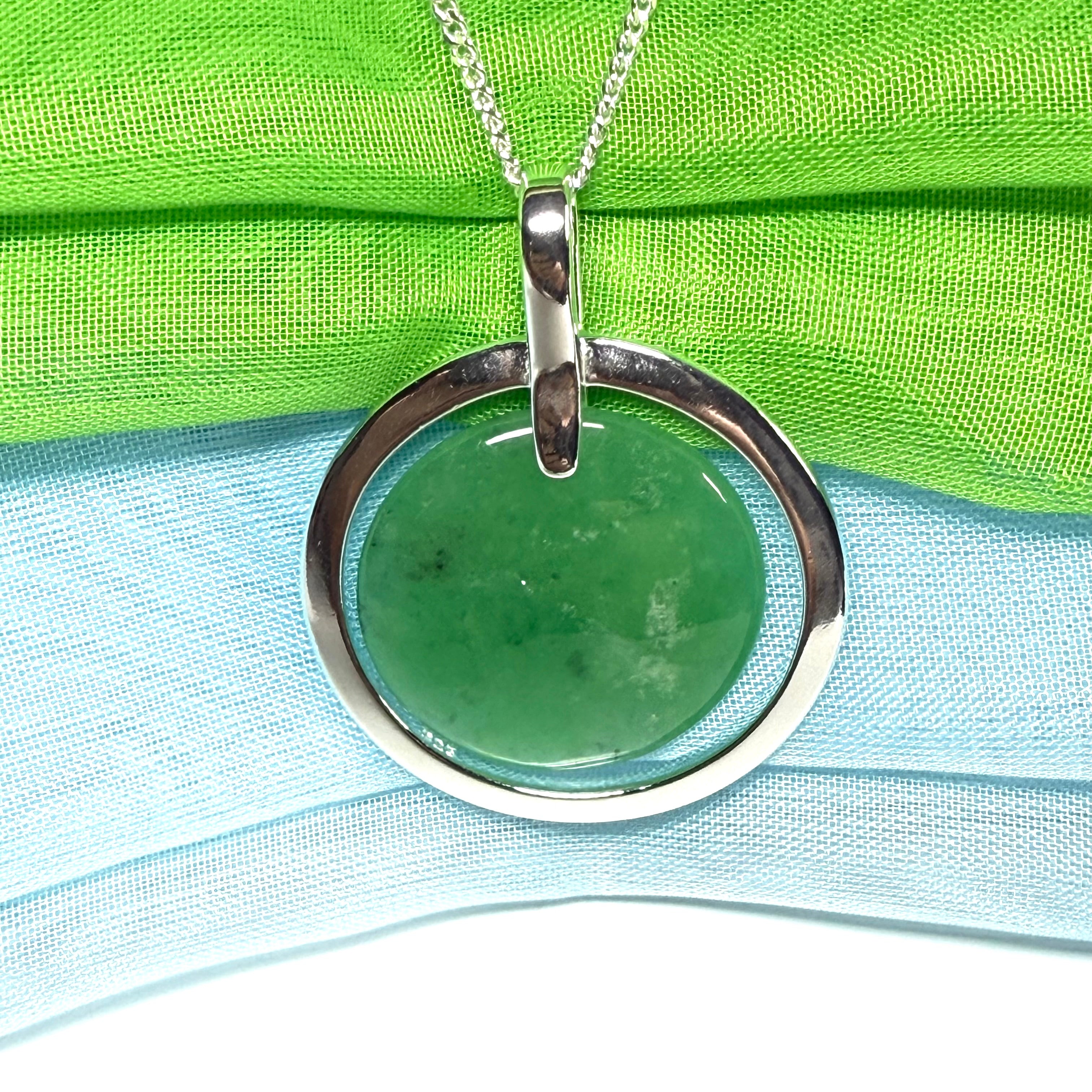 A large gorgeous sterling silver green real jade necklace halo style r ...