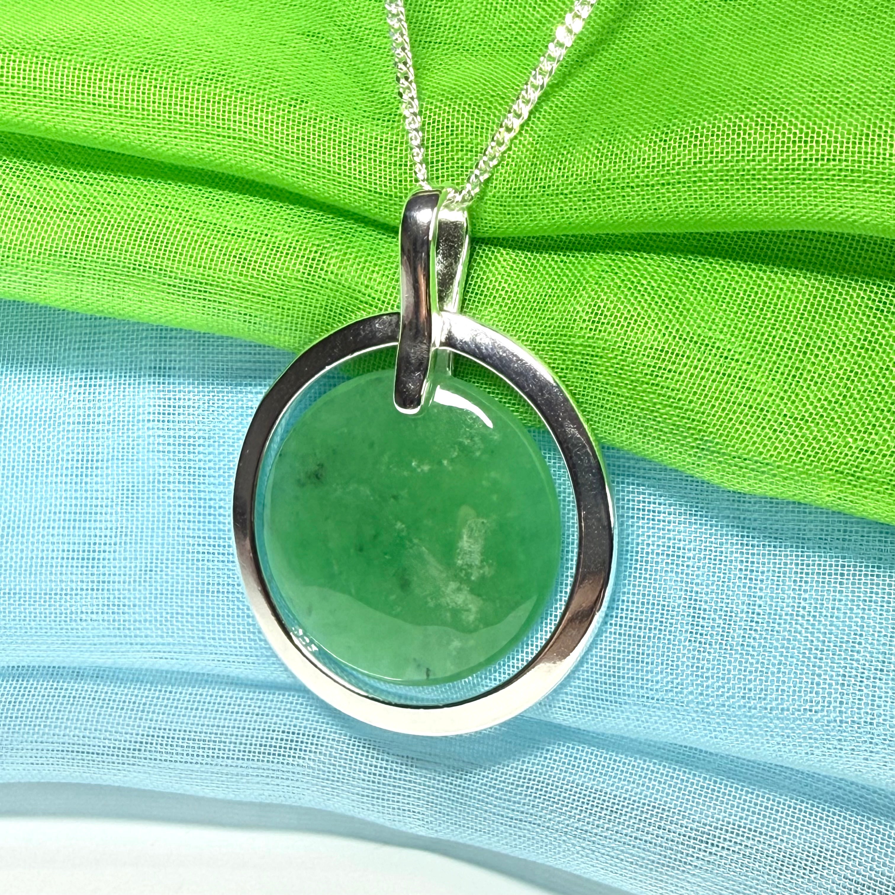 A large gorgeous sterling silver green real jade necklace halo style r ...