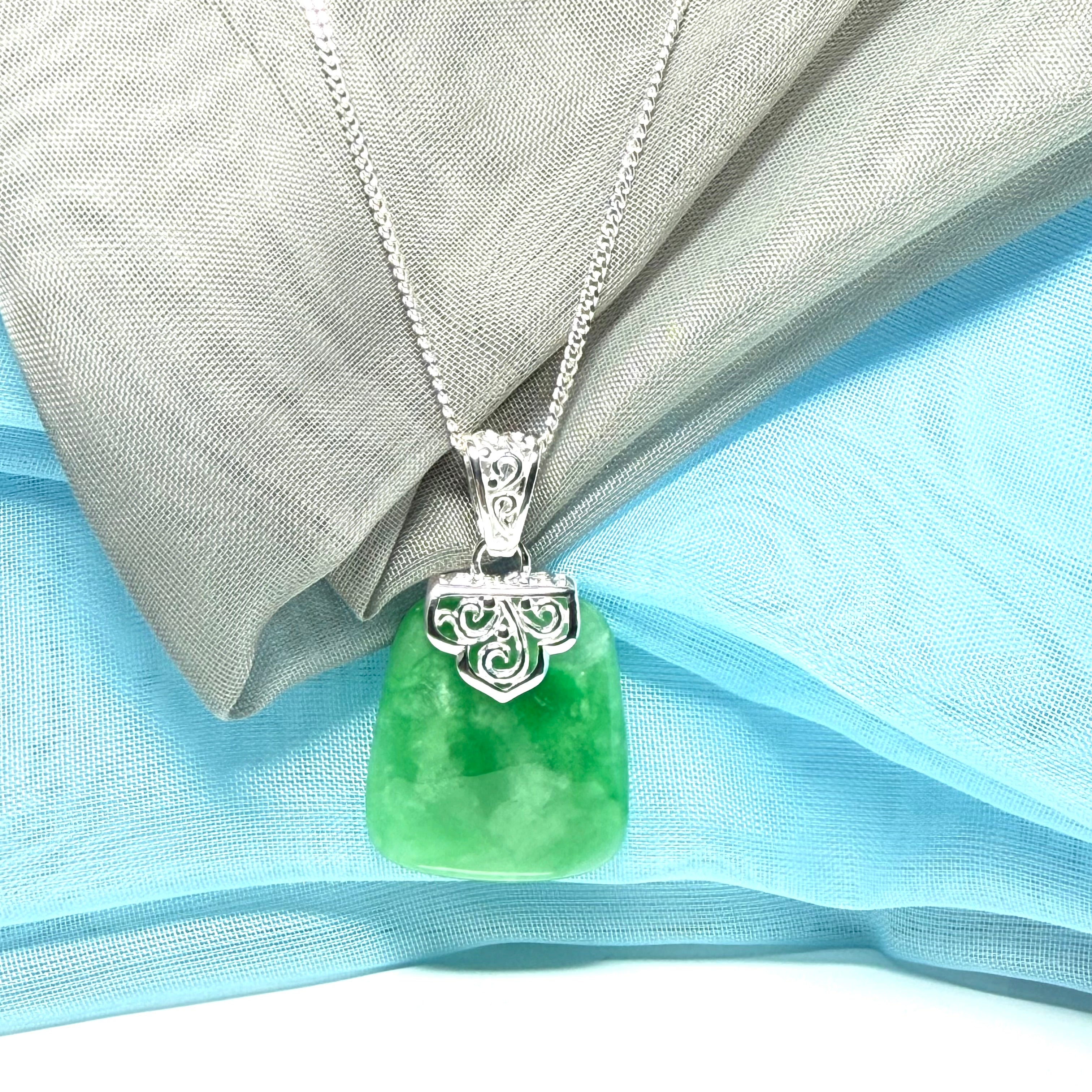 Real green jade necklace sterling silver large cushion shaped includin ...