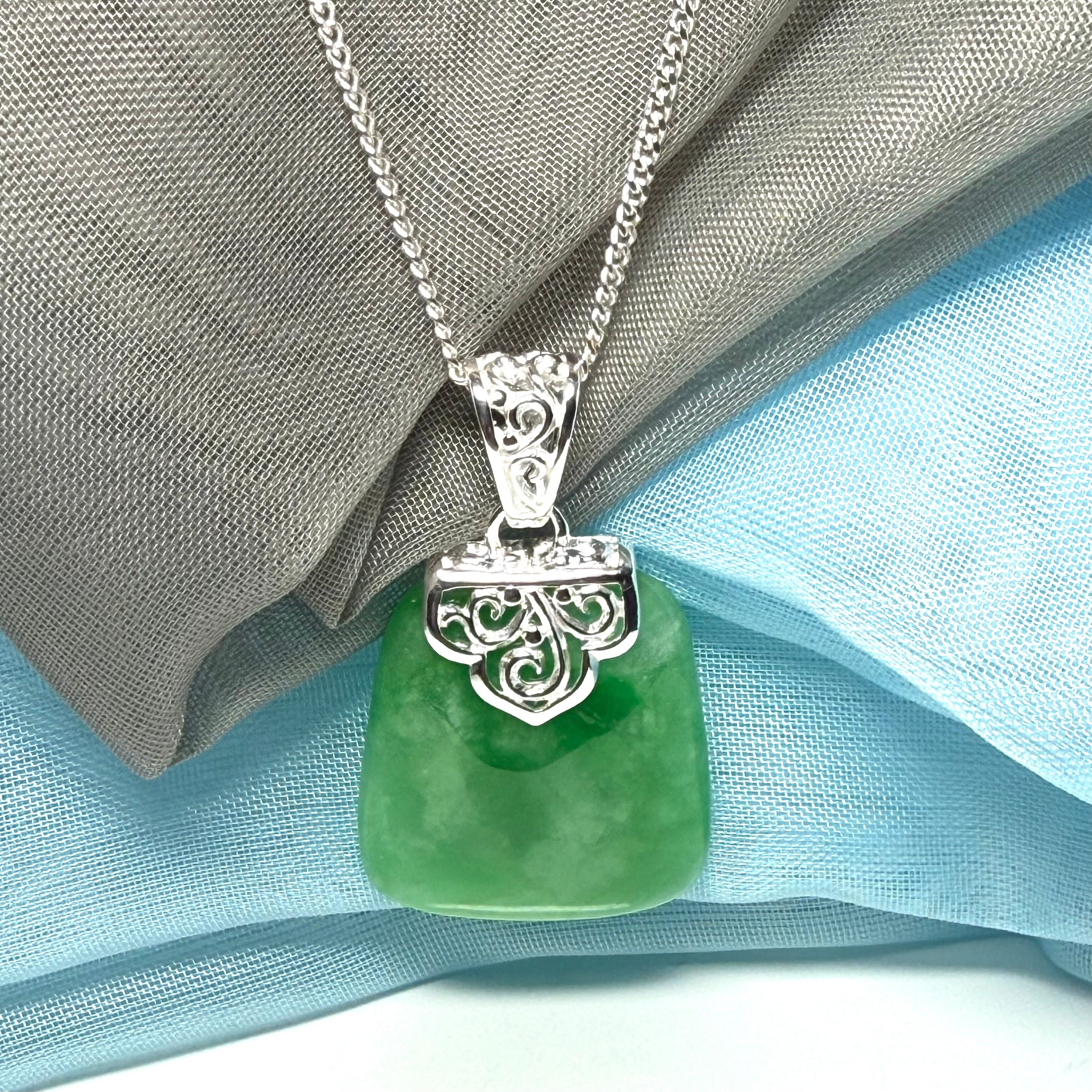 Real green jade necklace sterling silver large cushion shaped includin ...