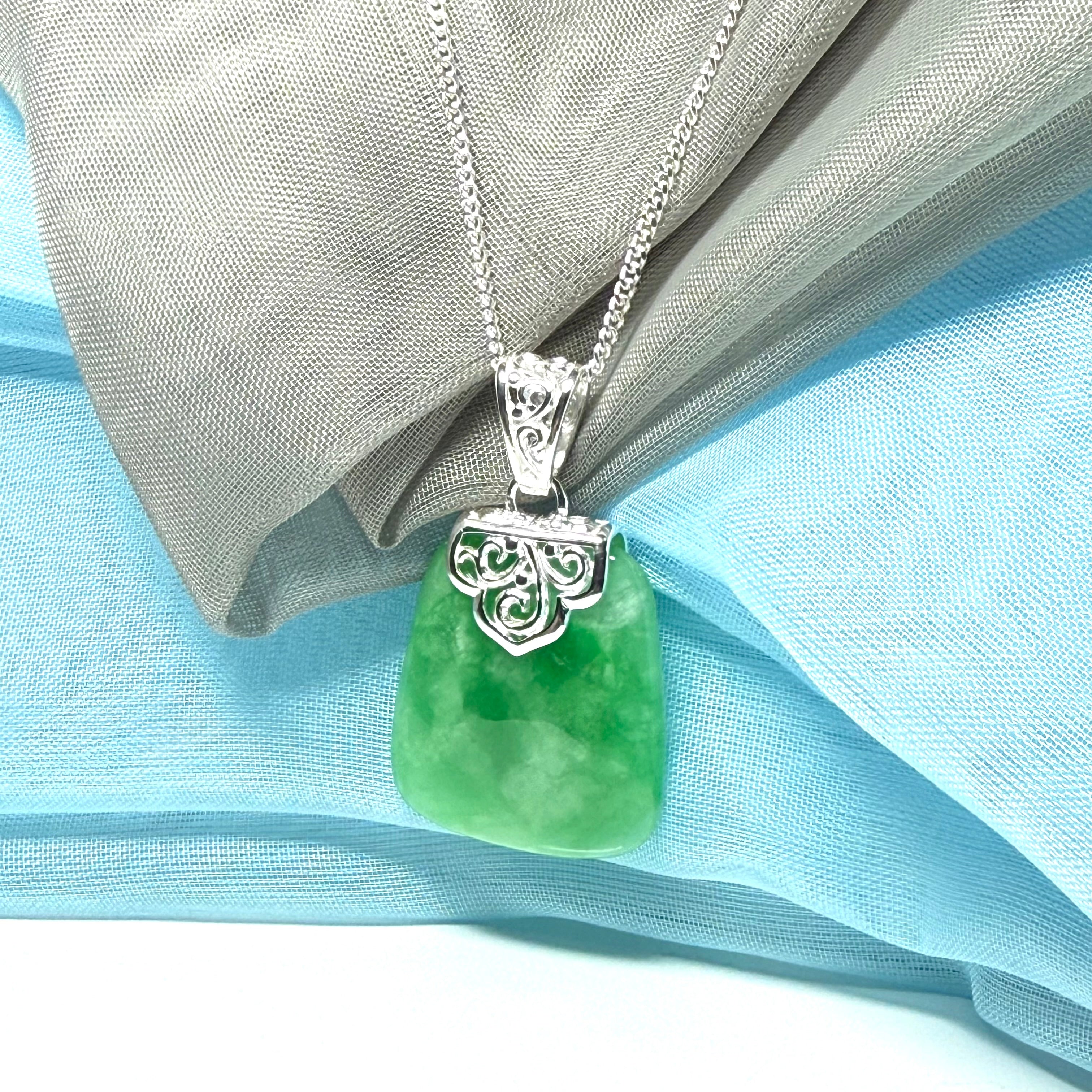 Real green jade necklace sterling silver large cushion shaped includin ...