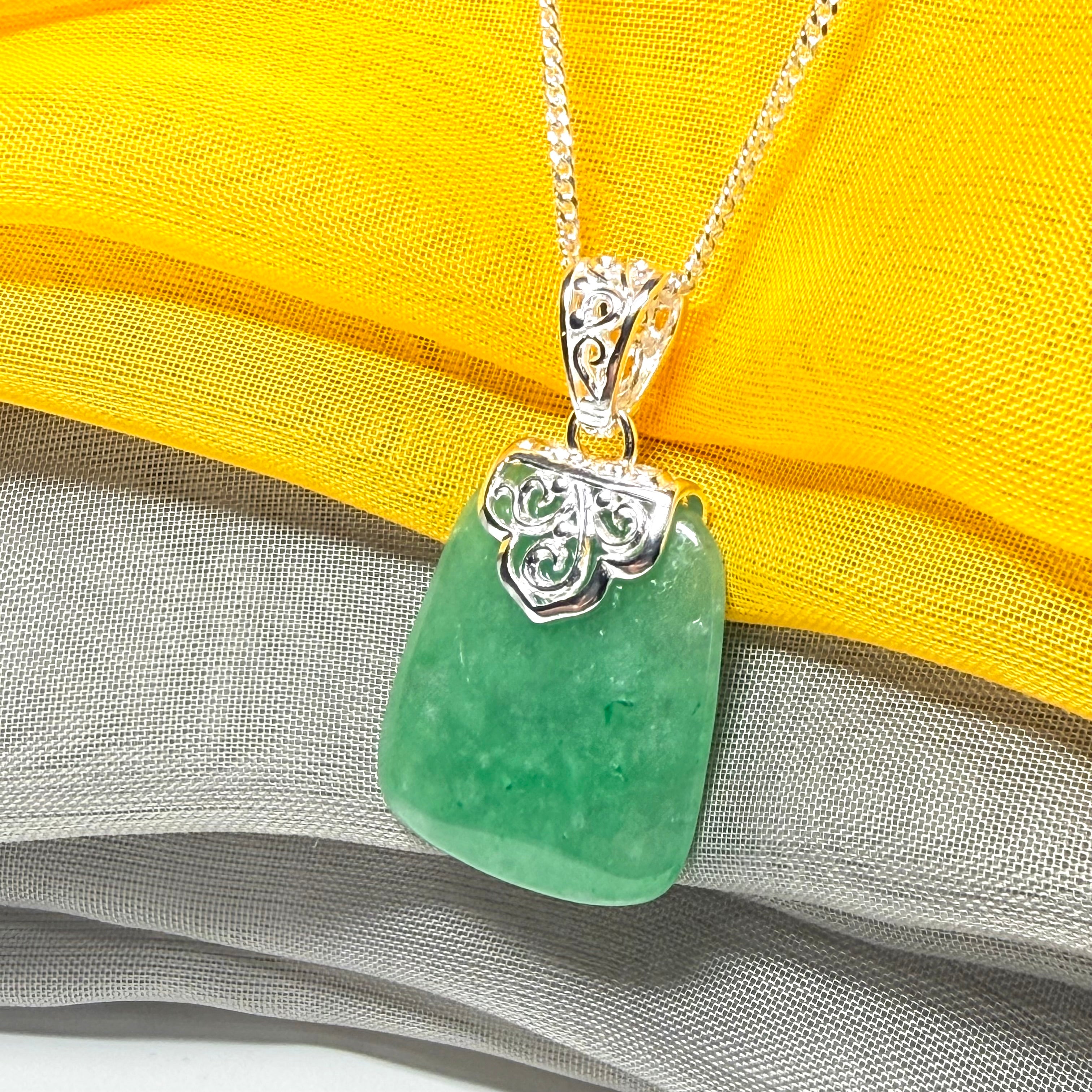 Real jade necklace green sterling silver large cushion shaped, a tradi ...