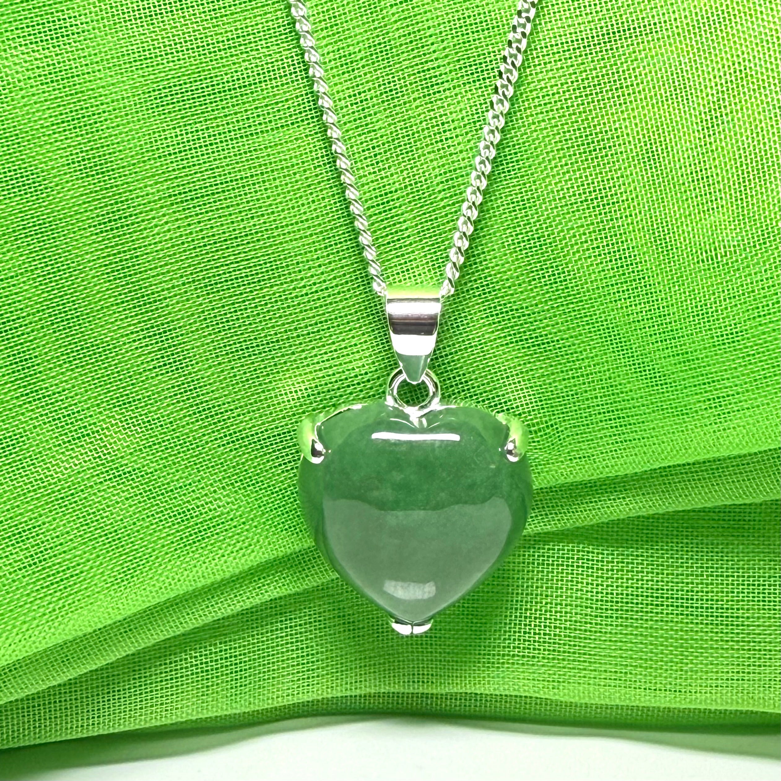 A real green jade necklace heart shape sterling silver with solid chai ...