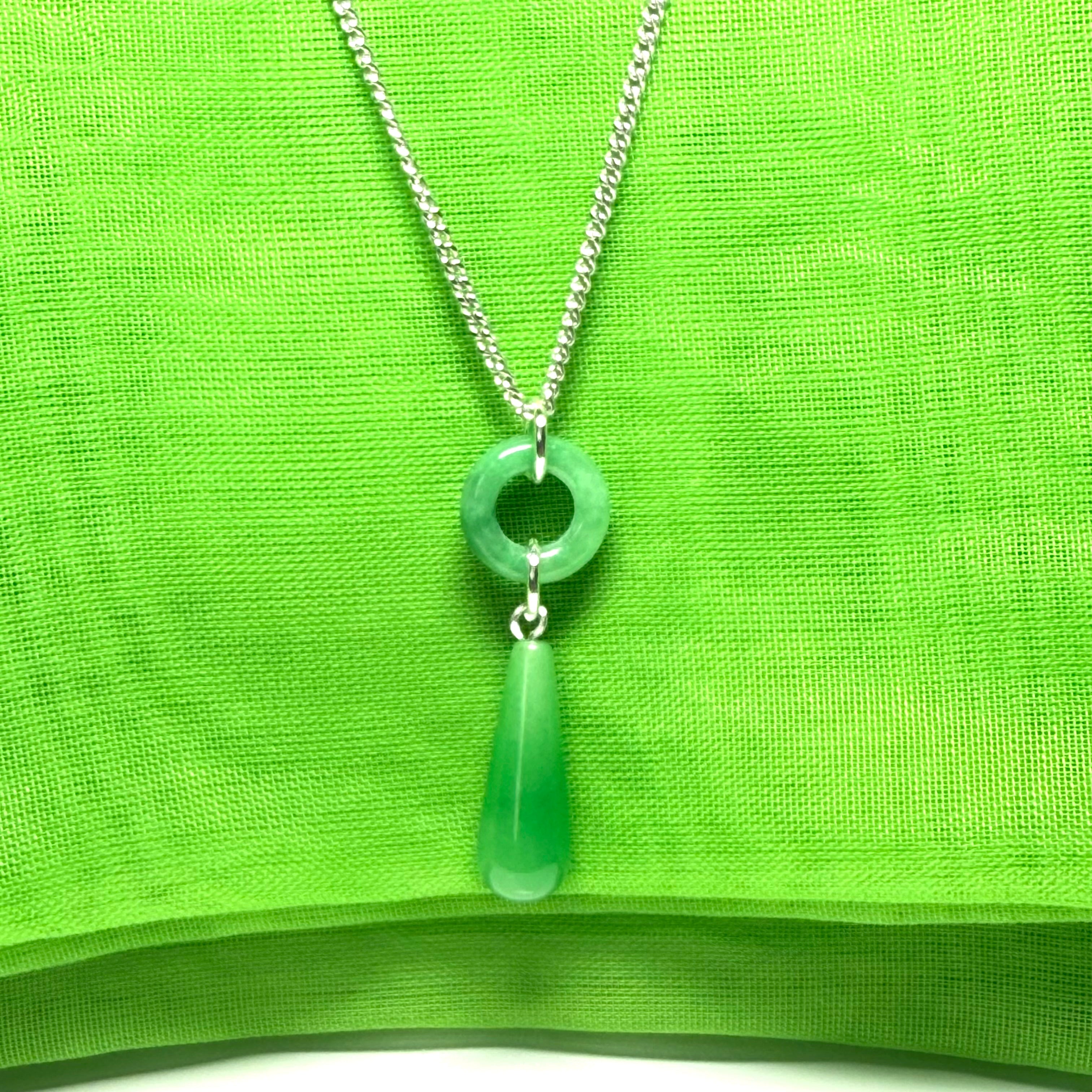 Circle and tear drop sterling silver pear shaped green real jade neckl ...