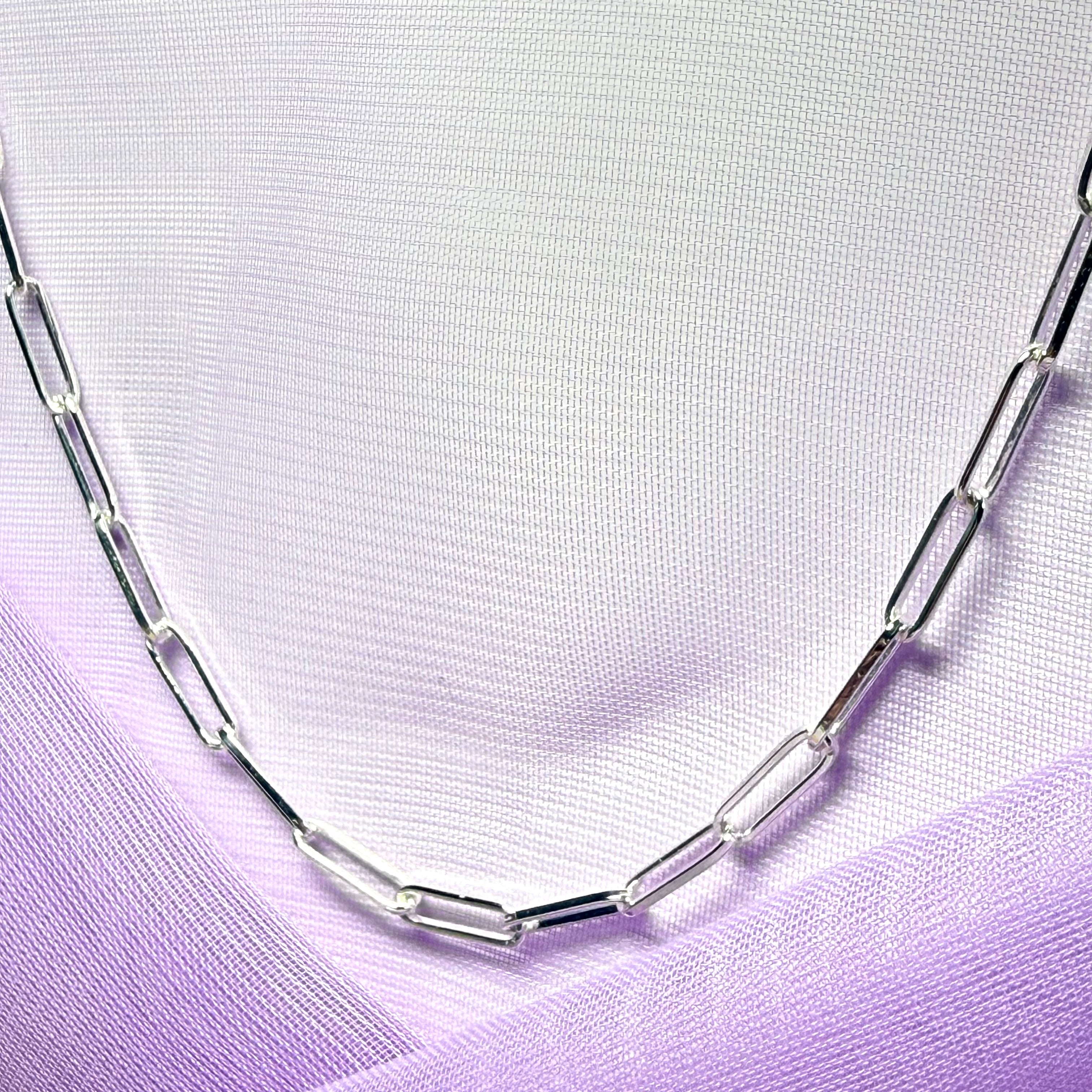 Ladies sterling silver long paper link necklace solid link chain ...