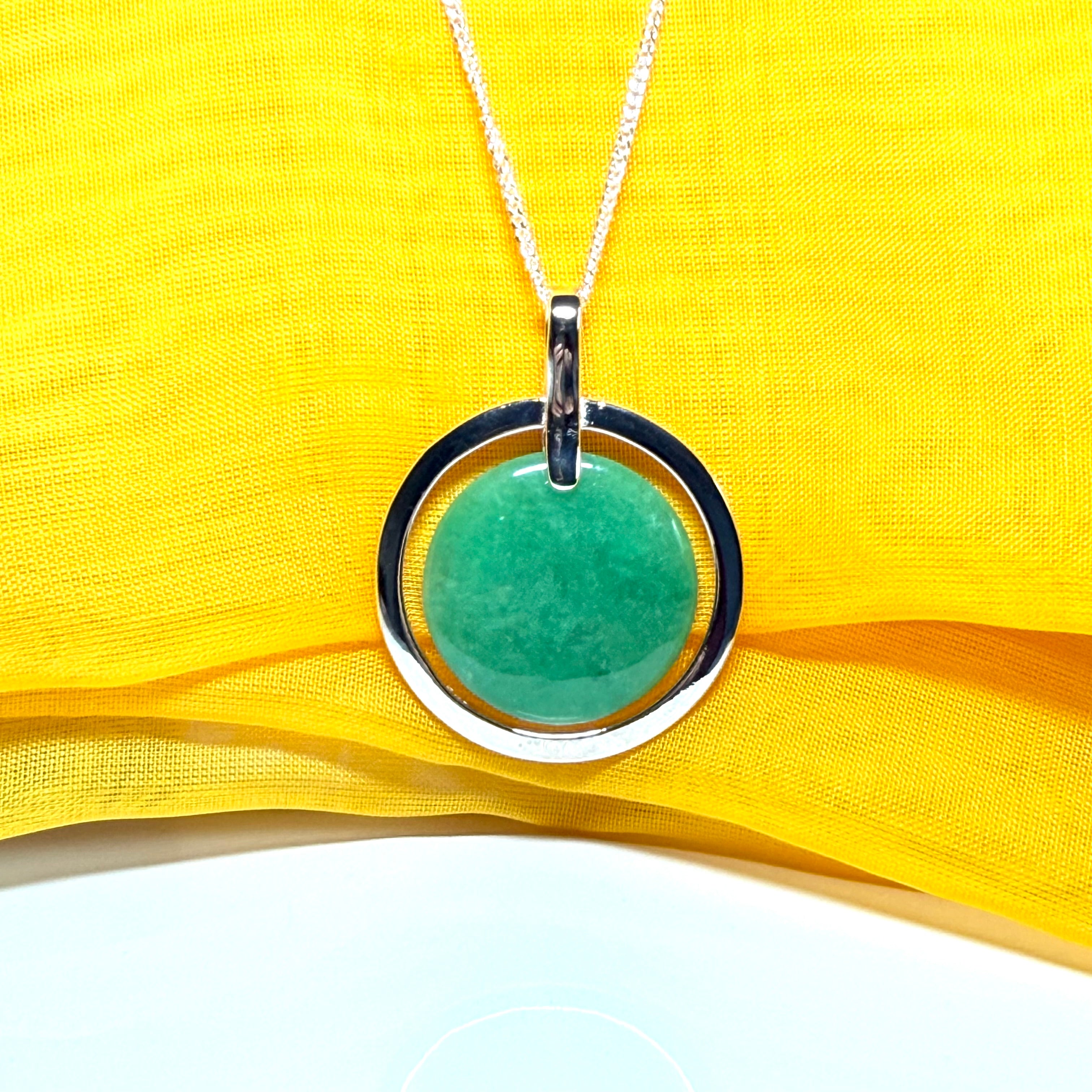 Large necklace sterling silver round shaped green real jade halo style ...