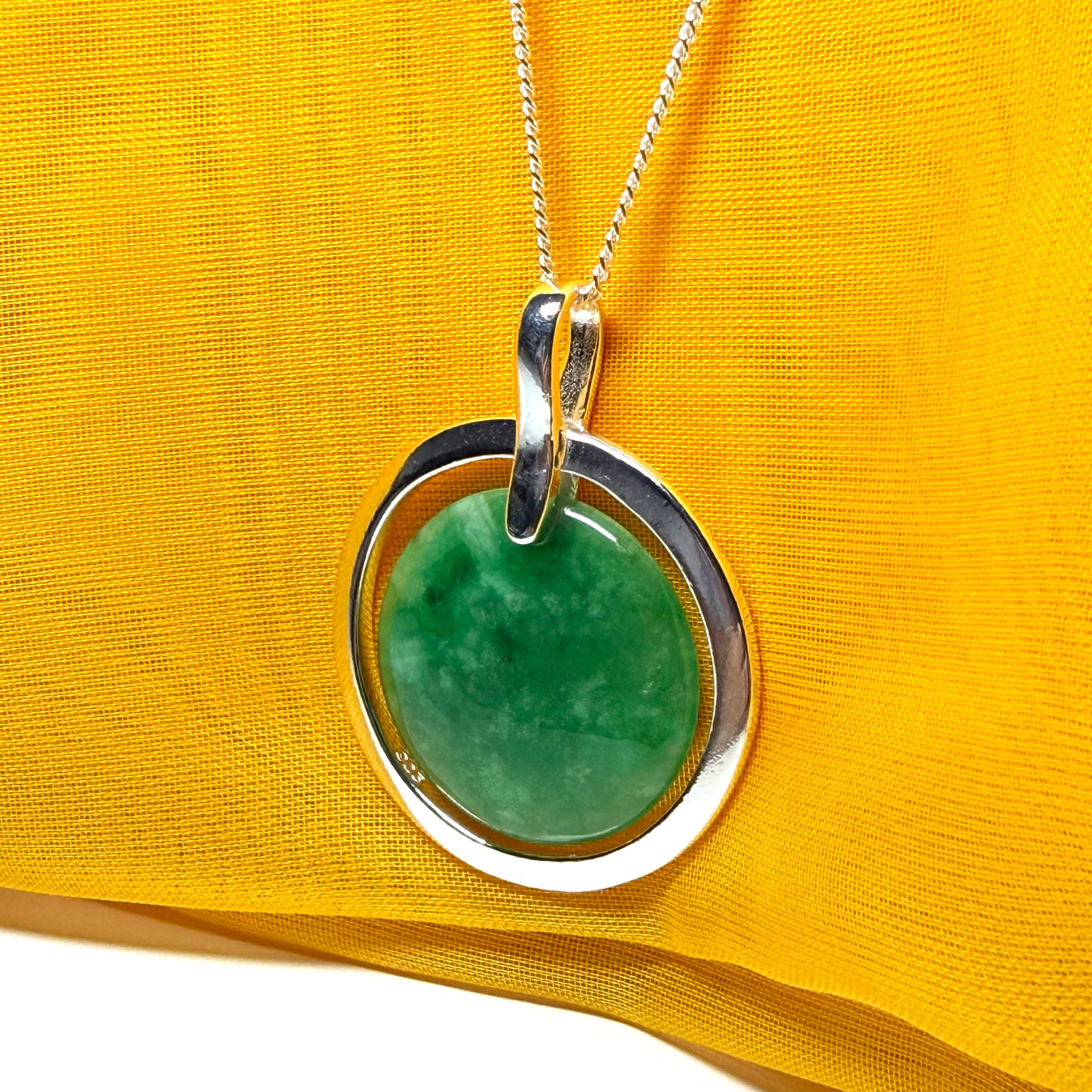 Large silver round shaped dark green real jade pendant necklace – Sarah ...