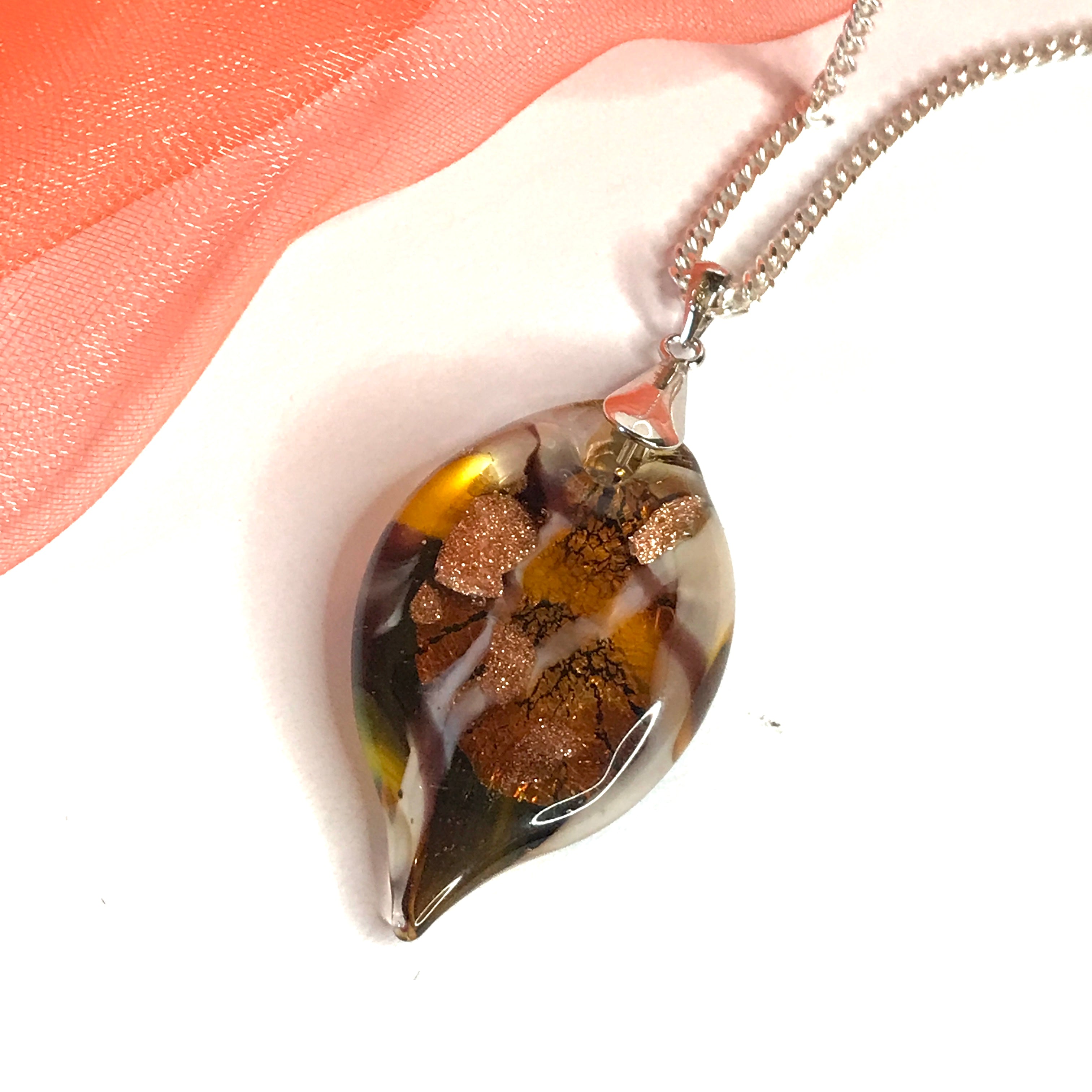 Necklace real Murano glass copper coloured oval leaf shaped pendant wi ...