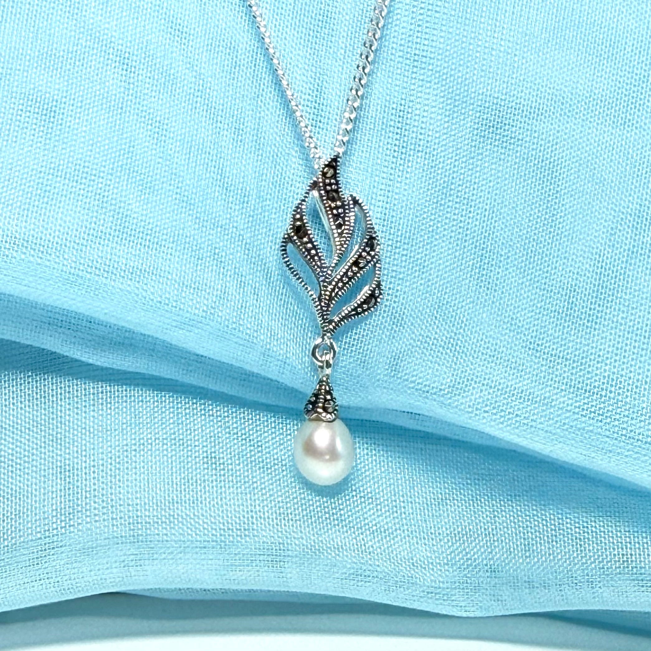 Necklace real marcasite and real freshwater cultured pearl leaf shape ...