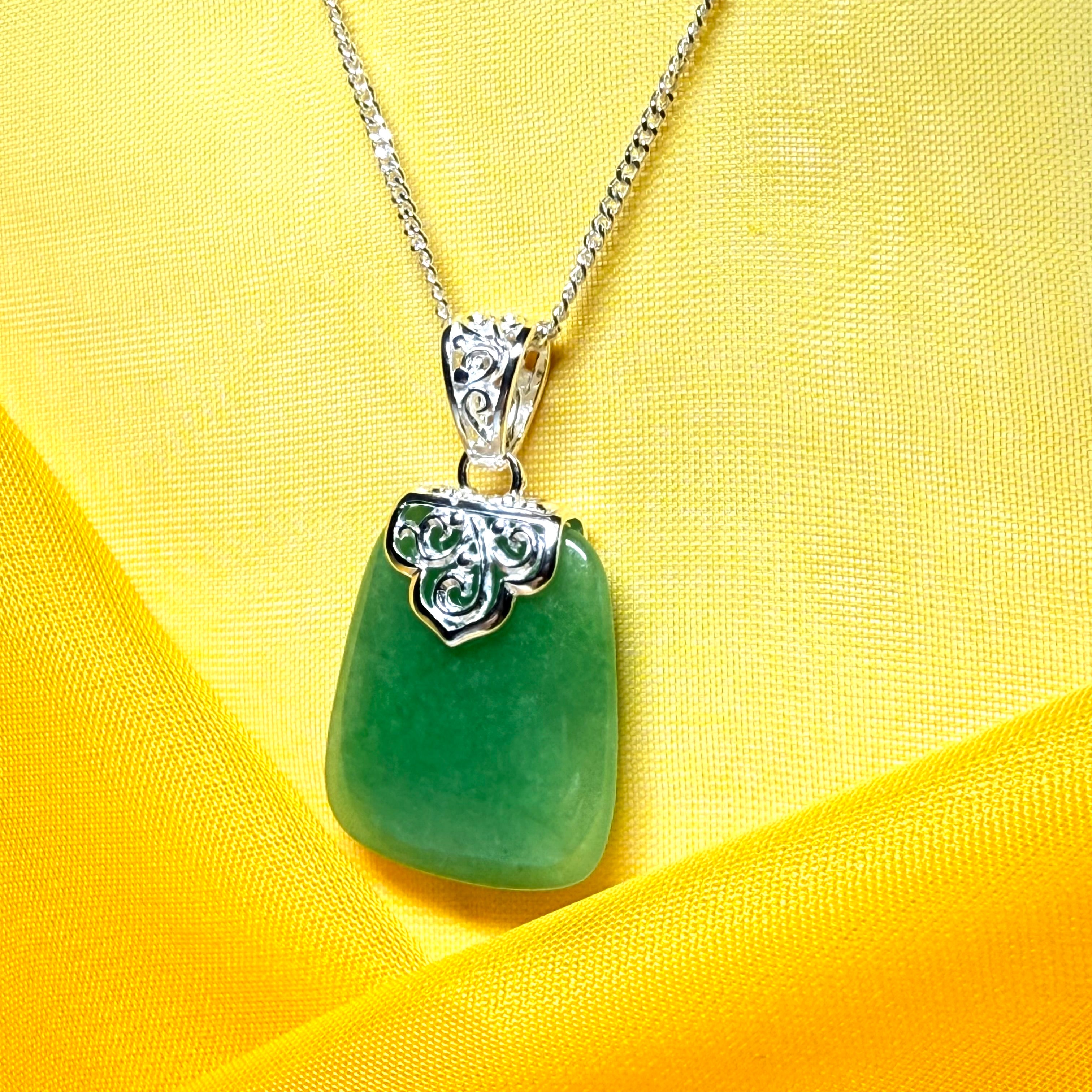 Necklace heart shape sterling silver heart real green jade stone, an ...