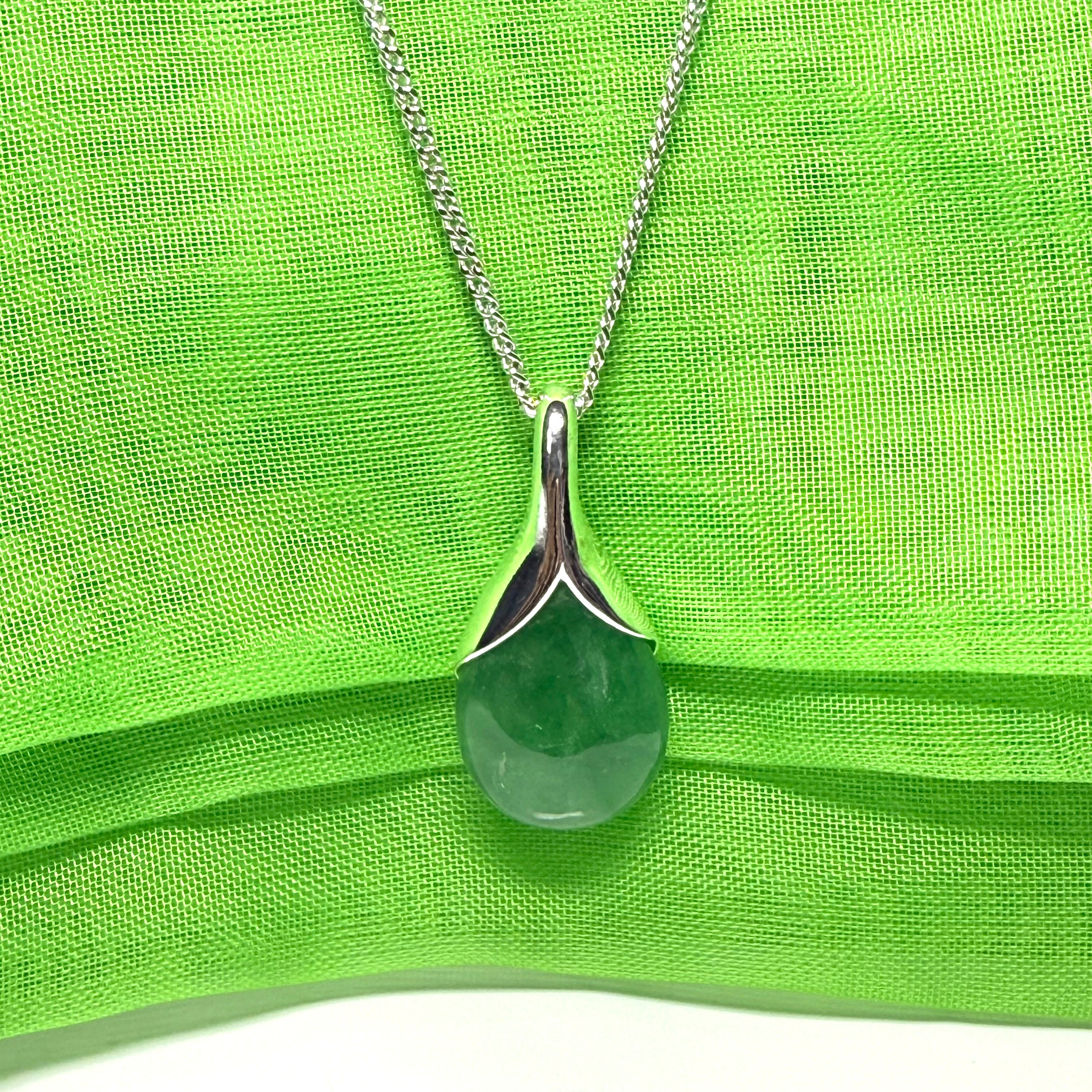 Real dark green jade tear drop sterling silver pear shaped pendant ...