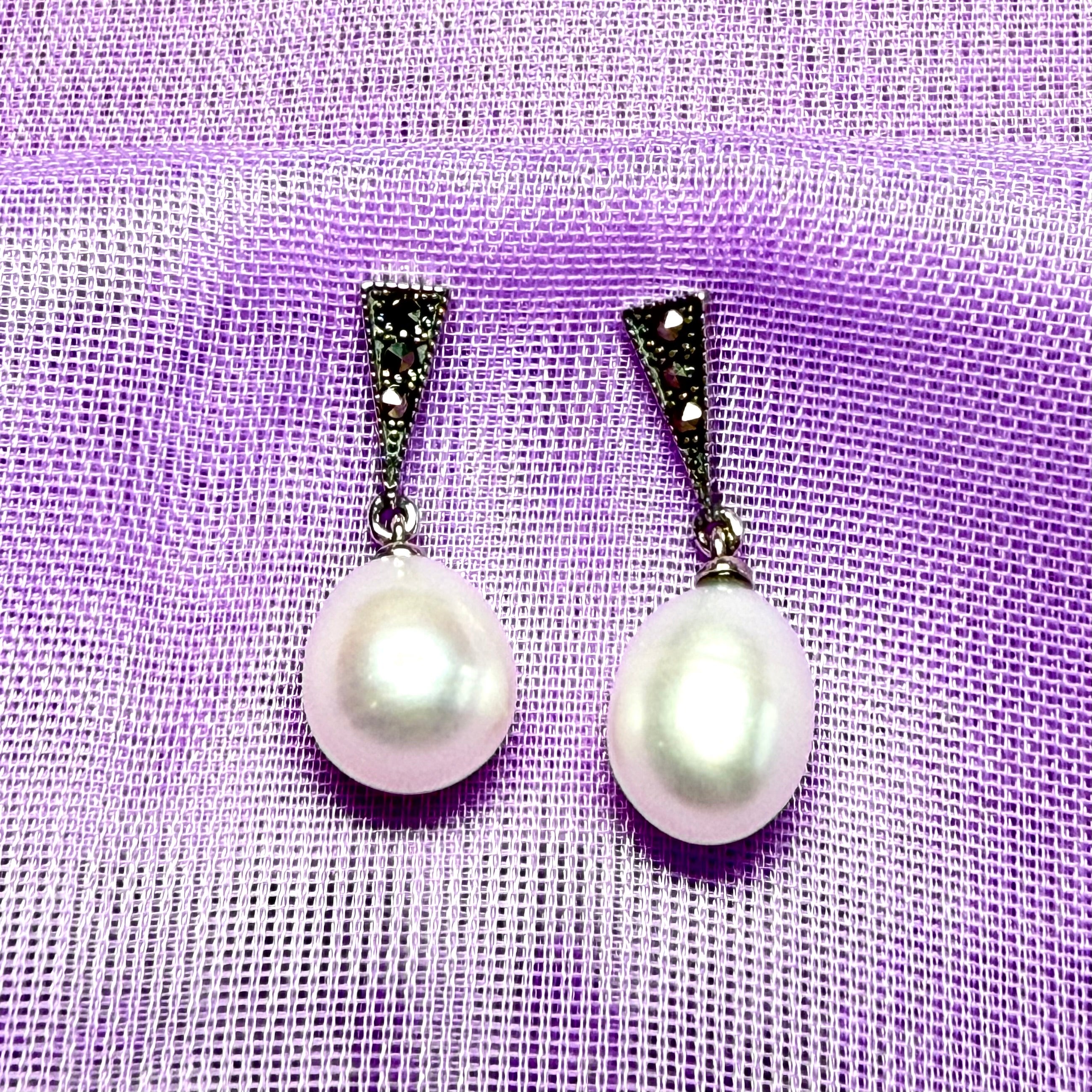 Real freshwater cultured pearl and marcasite drop earrings – Sarah Beth ...