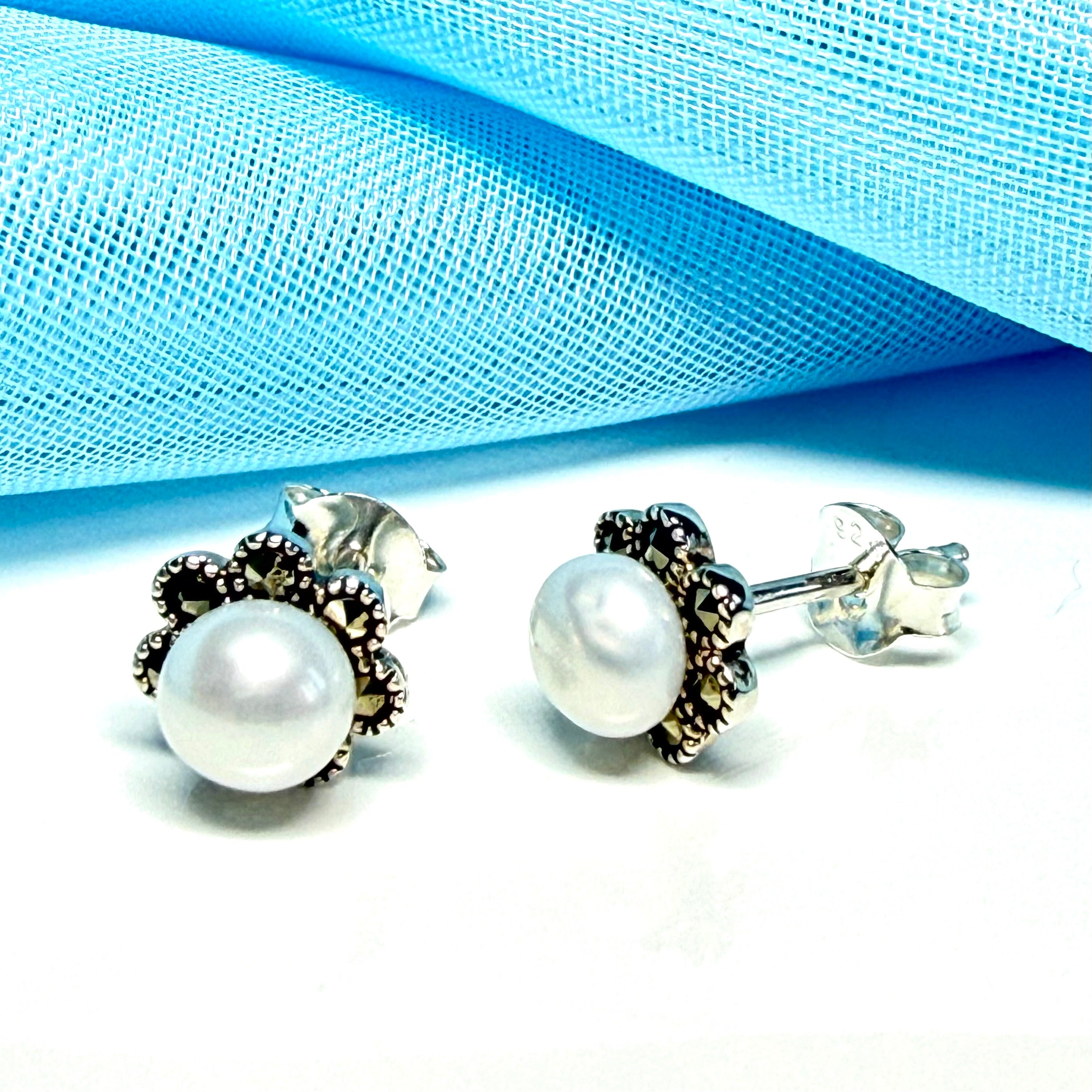 Real freshwater pearl and marcasite stud earrings round flower daisy s ...