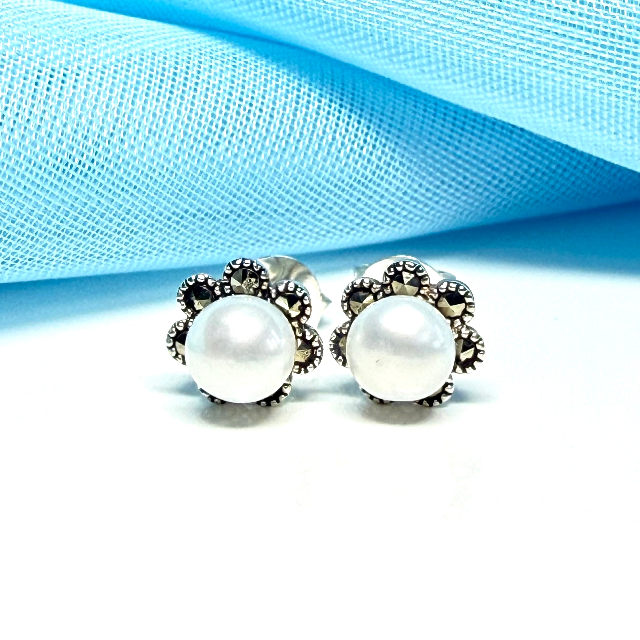 Real freshwater pearl and marcasite stud earrings round flower daisy s ...