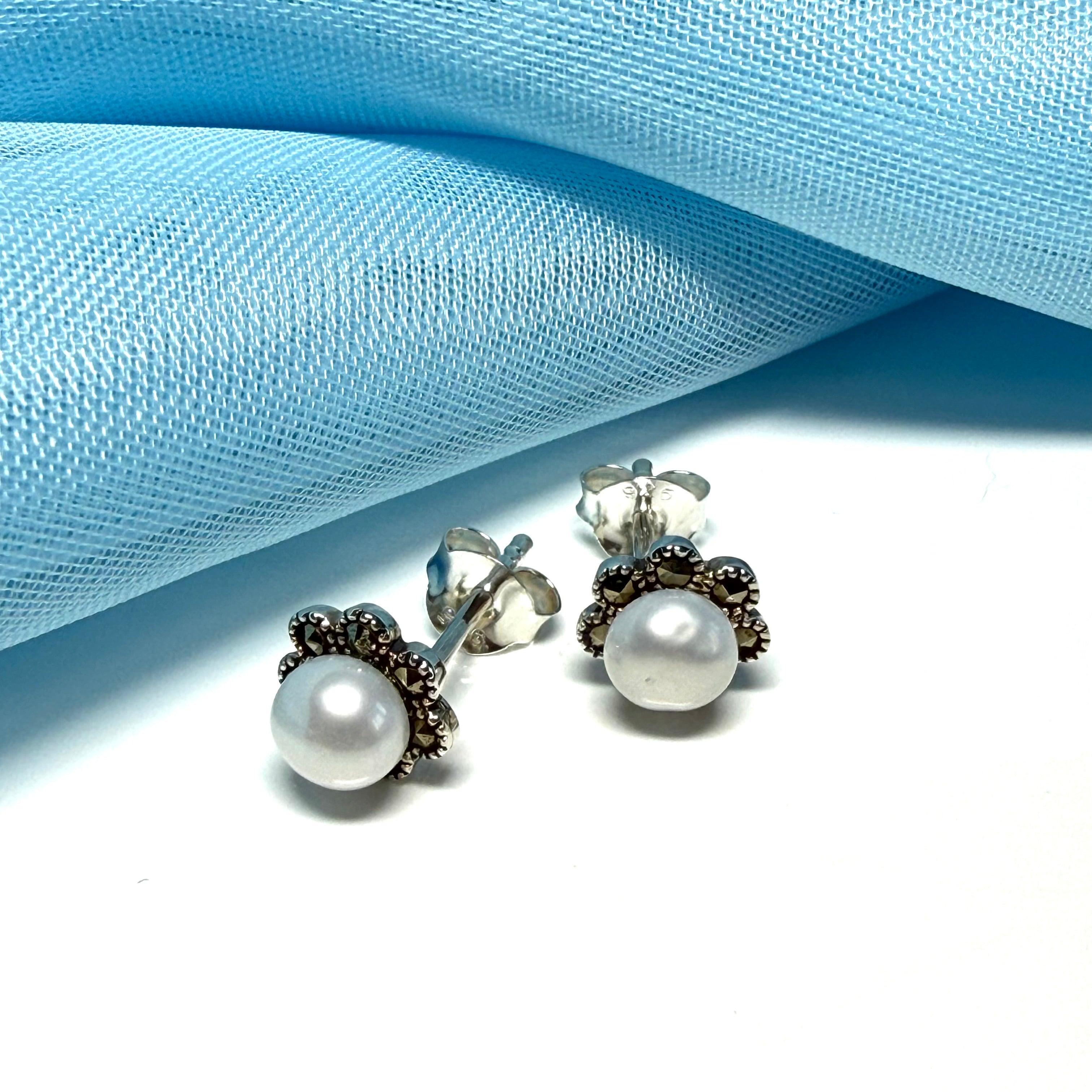 Real freshwater pearl and marcasite stud earrings round flower daisy s ...