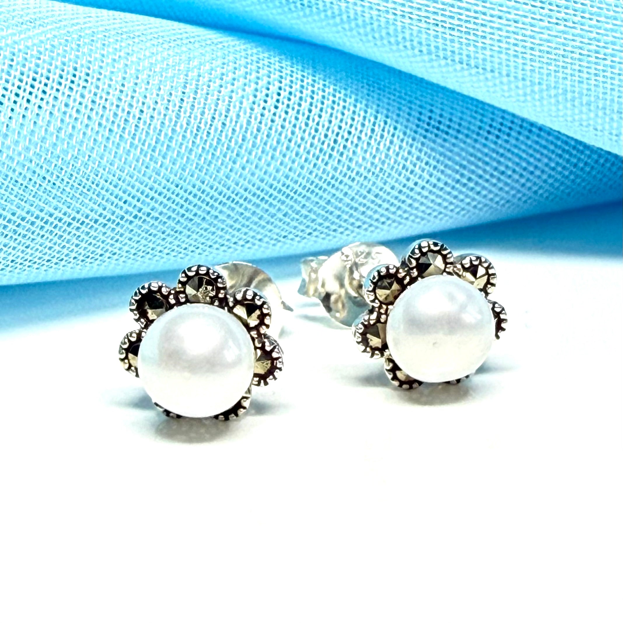 Real freshwater pearl and marcasite stud earrings round flower daisy s ...