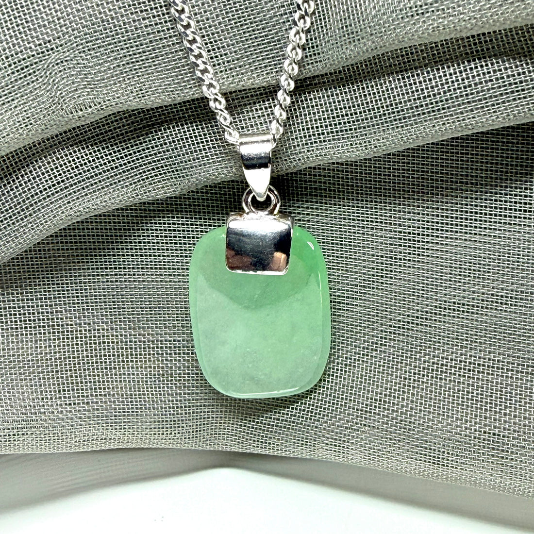 Real green jade necklace cushion shaped silver with a chain, stunning ...