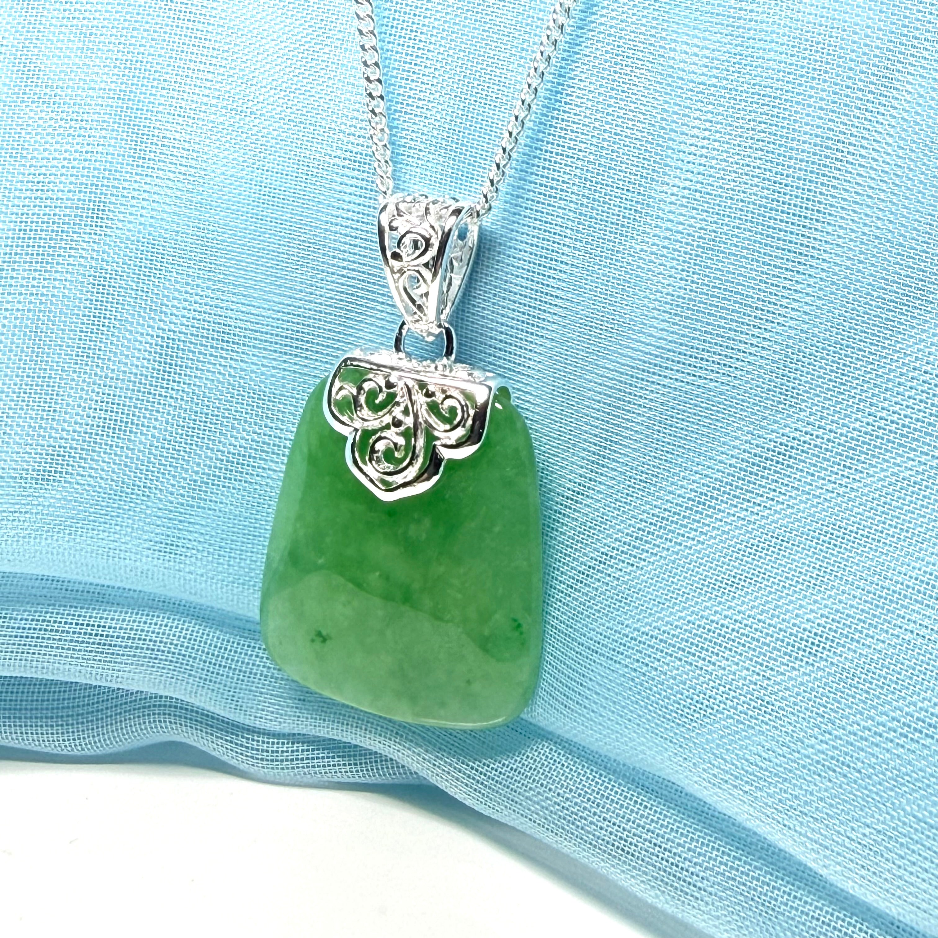 Real green jade necklace sterling silver large cushion shaped includin ...
