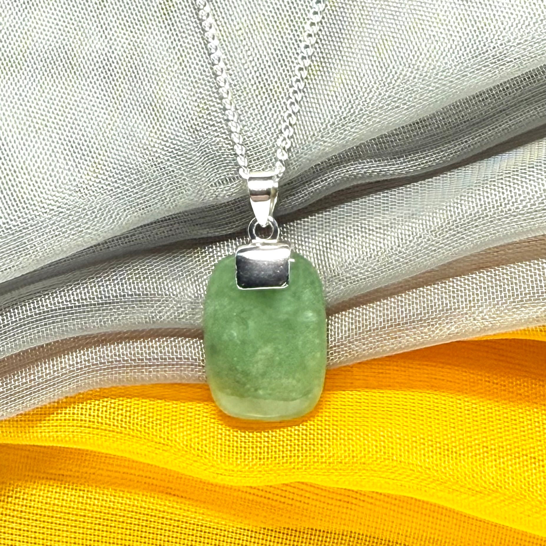 Real green jade pendant necklace cushion shaped silver with a solid ch ...