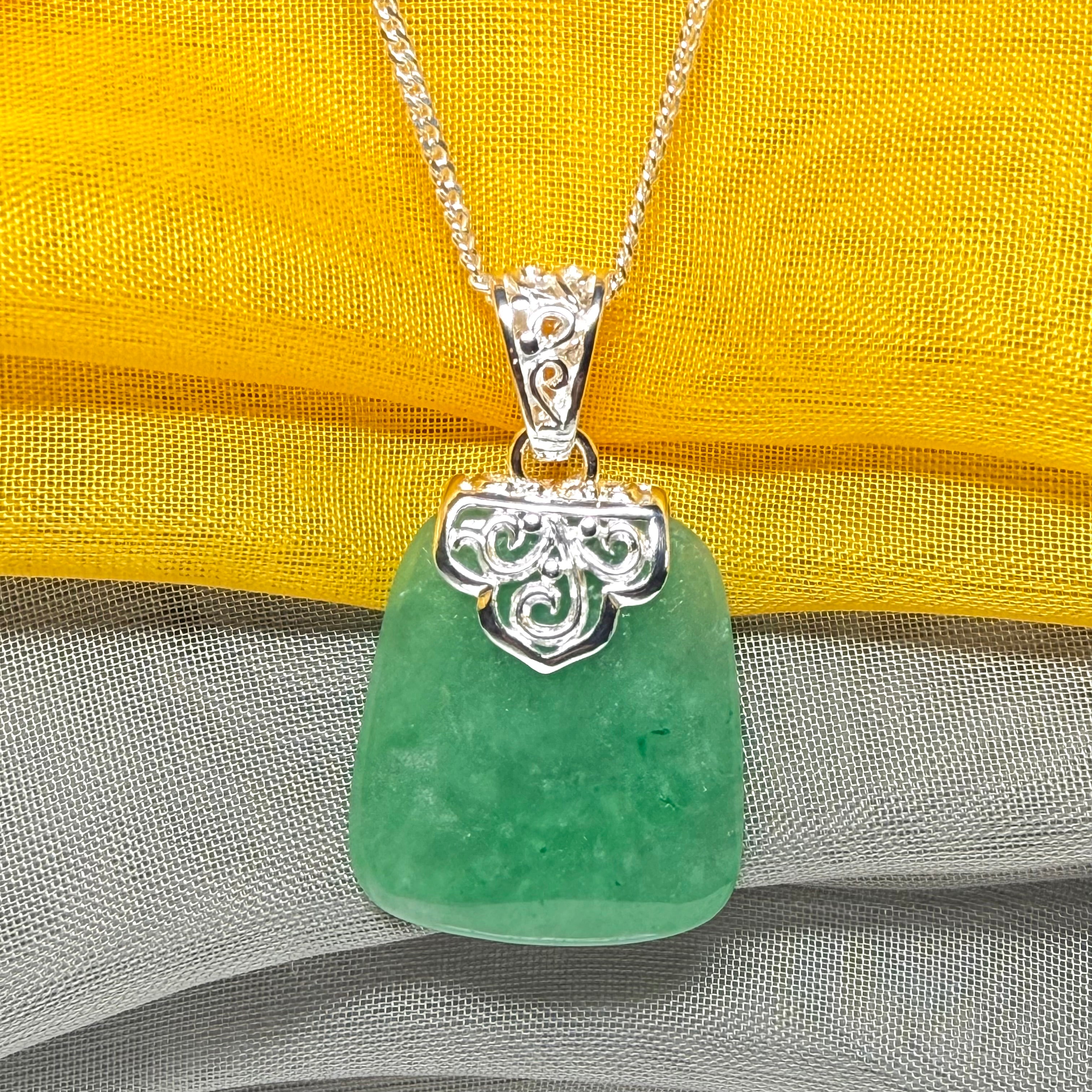 Real jade necklace green sterling silver large cushion shaped, a tradi ...