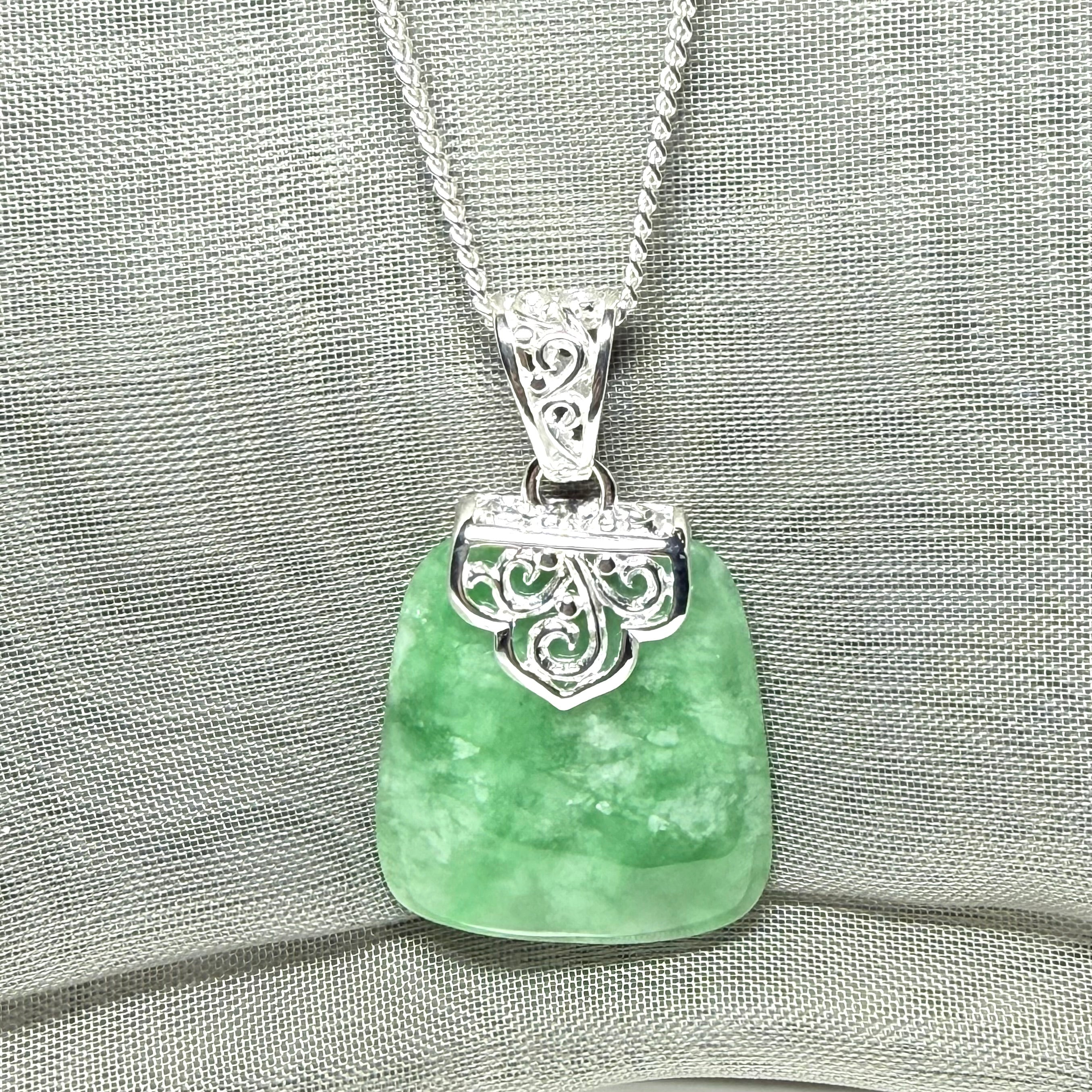 Real jade necklace green sterling silver large cushion shaped, a gorge ...
