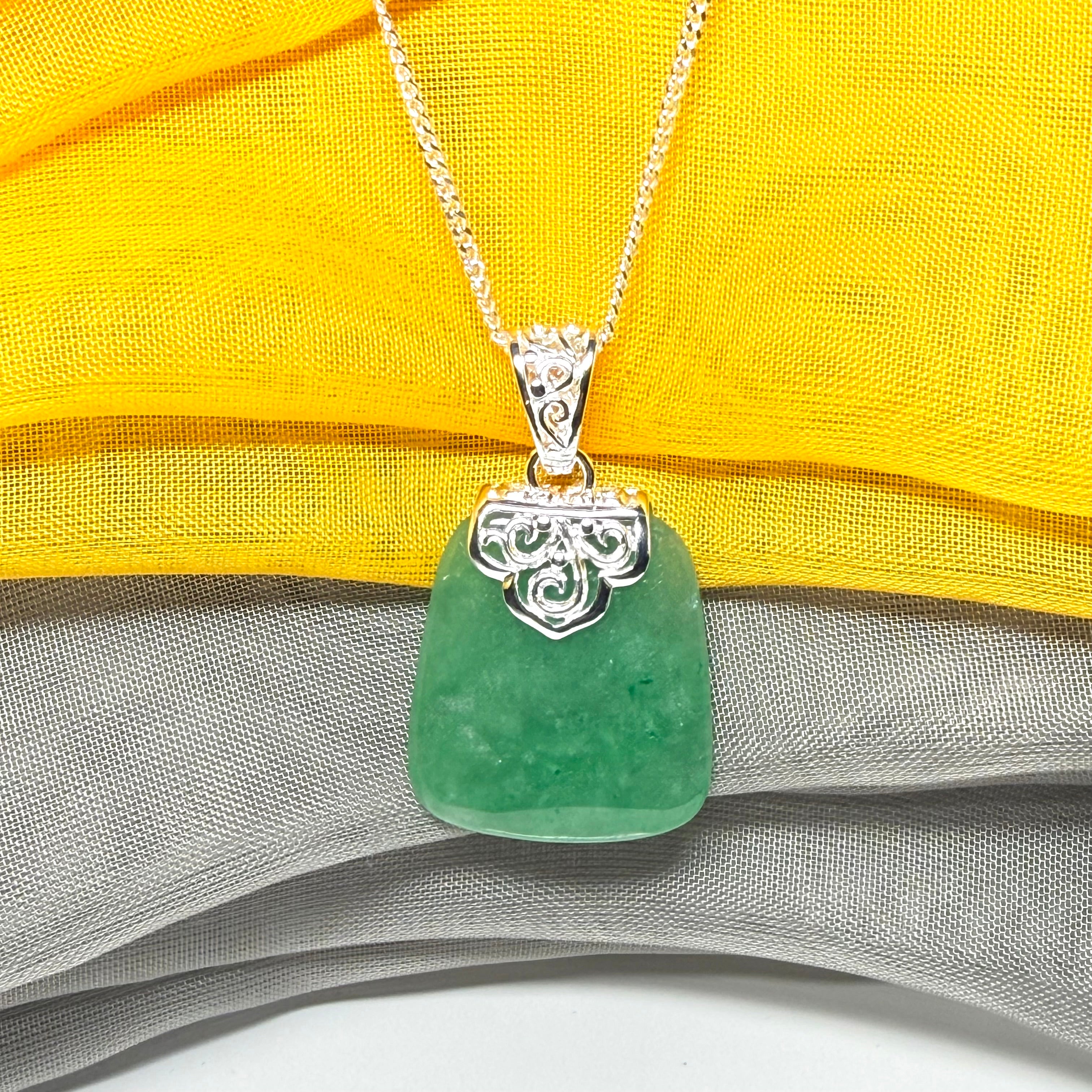 Real jade necklace green sterling silver large cushion shaped, a tradi ...