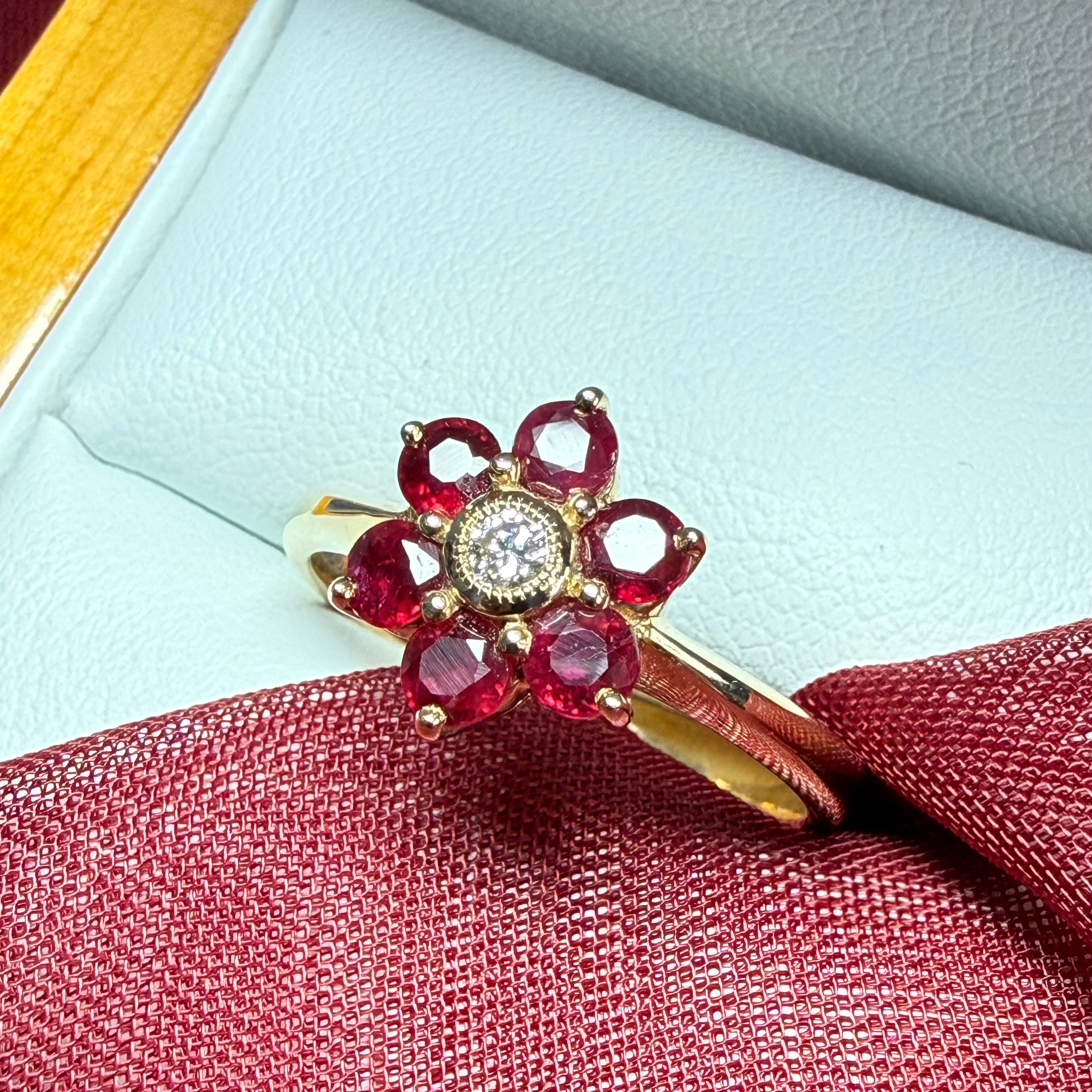 Round red real ruby and real diamond yellow gold cluster ring – Sarah ...