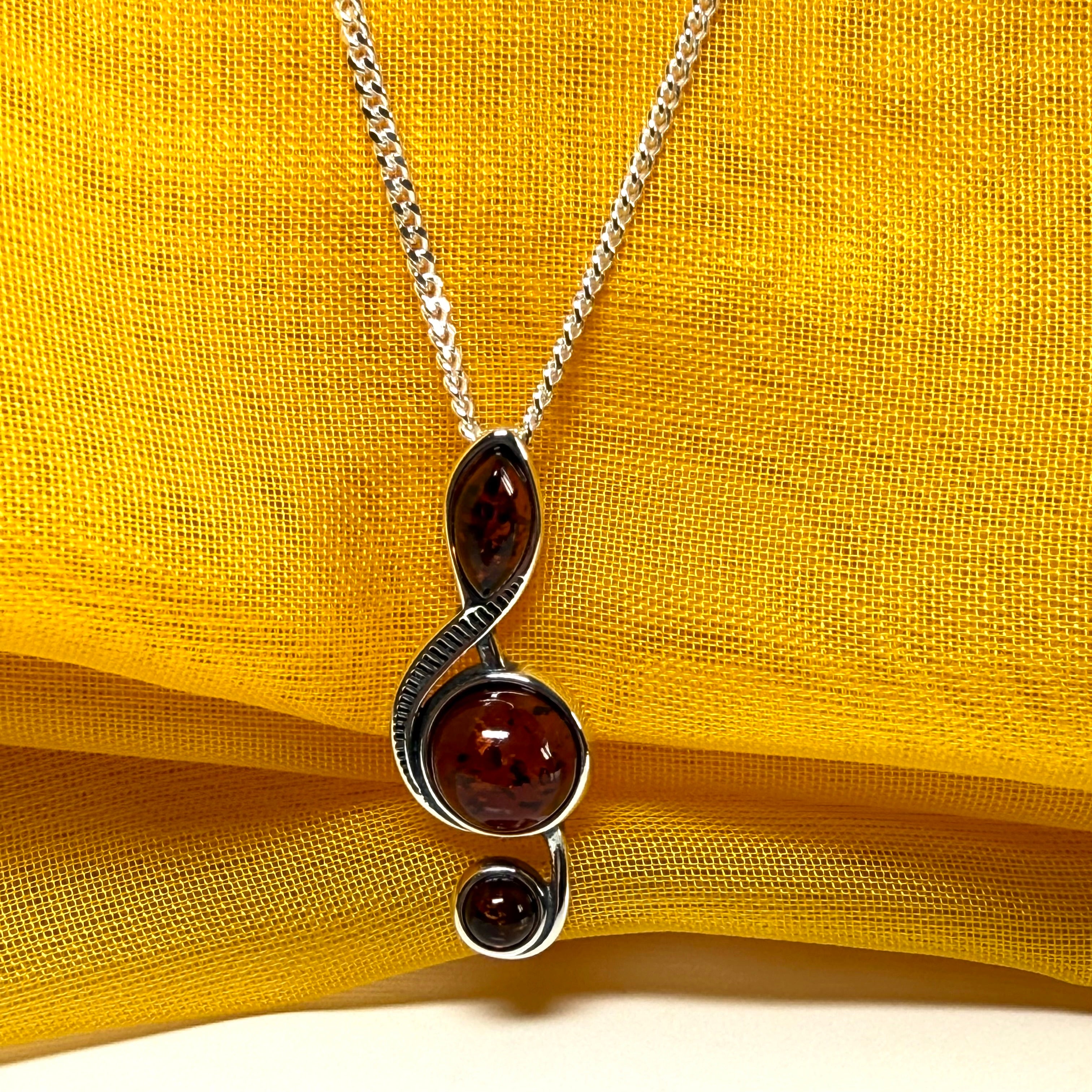 Small treble clef necklace musical orange real amber sterling silver p ...